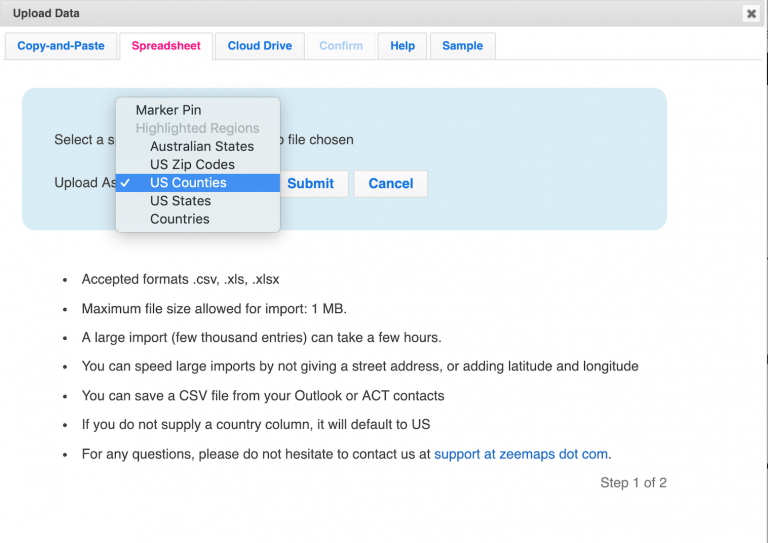Counties: Highlight US counties with name or FIPS code using ZeeMaps.