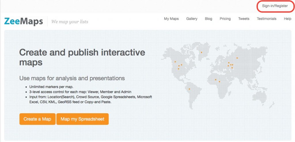 Sign Up and Accounts with free mapping service ZeeMaps